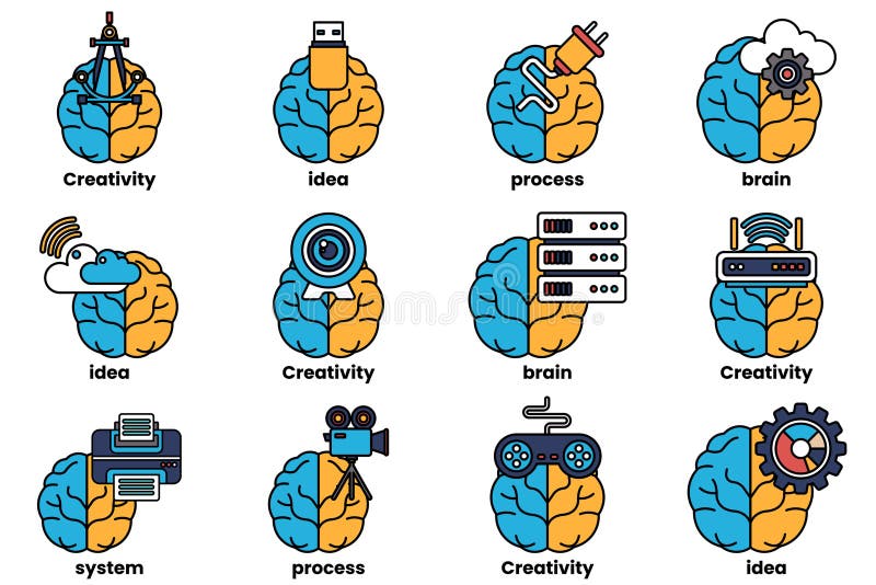 Set of Illustrations in the Concept of Brain and Things in Line Art ...