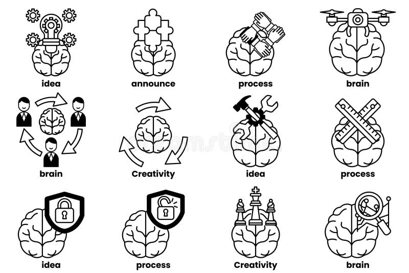 Set of Illustrations in the Concept of Brain and Things in Line Art ...