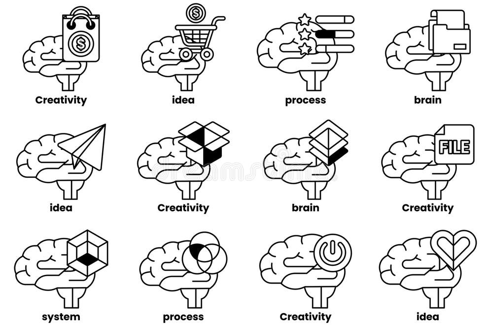 Set of Illustrations in the Concept of Brain and Things in Line Art ...