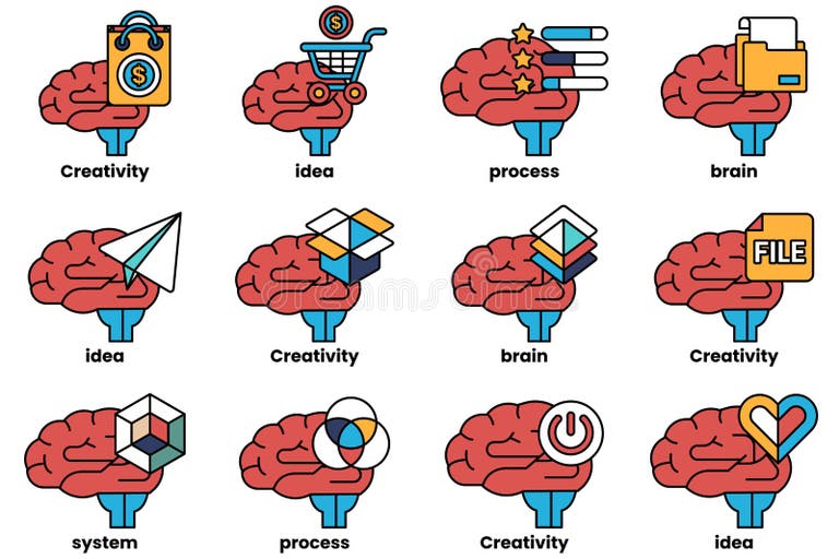 Set of Illustrations in the Concept of Brain and Things in Line Art ...