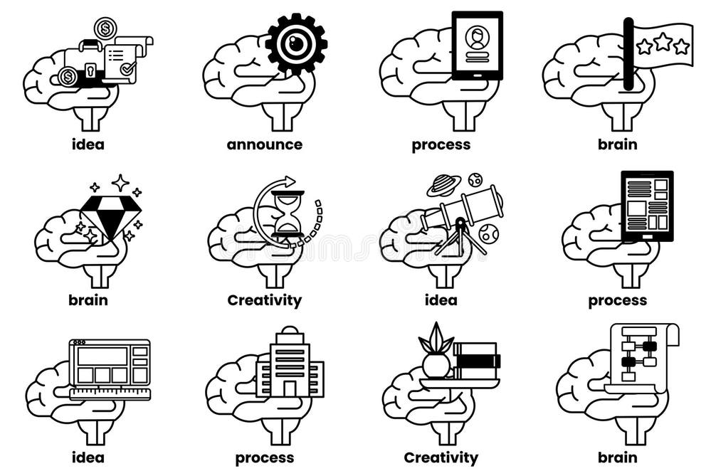 Set of Illustrations in the Concept of Brain and Things in Line Art ...