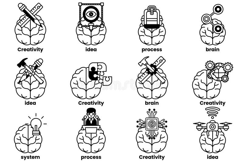 Set of Illustrations in the Concept of Brain and Things in Line Art ...