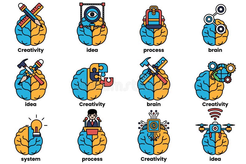 Set of Illustrations in the Concept of Brain and Things in Line Art ...