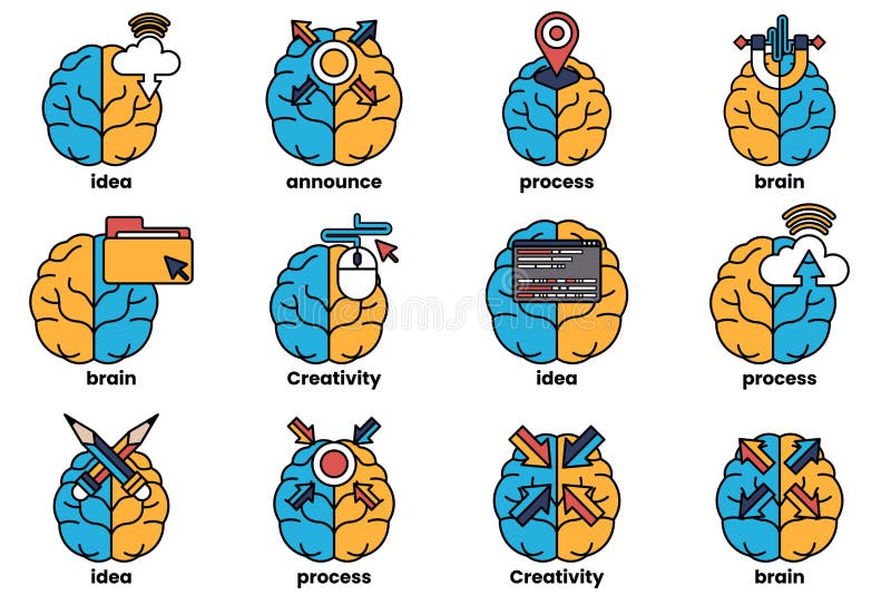 Set of Illustrations in the Concept of Brain and Things in Line Art ...