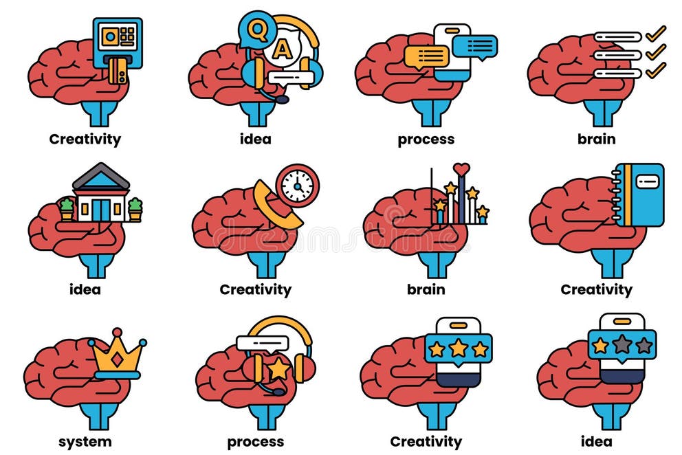 Set of Illustrations in the Concept of Brain and Things in Line Art ...
