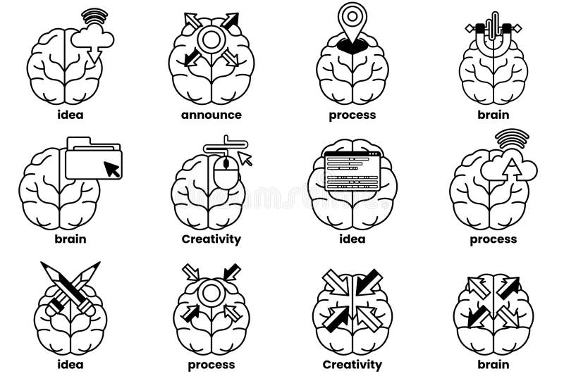 Set of Illustrations in the Concept of Brain and Things in Line Art ...