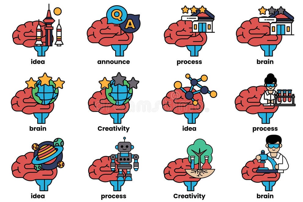 Set of Illustrations in the Concept of Brain and Things in Line Art ...