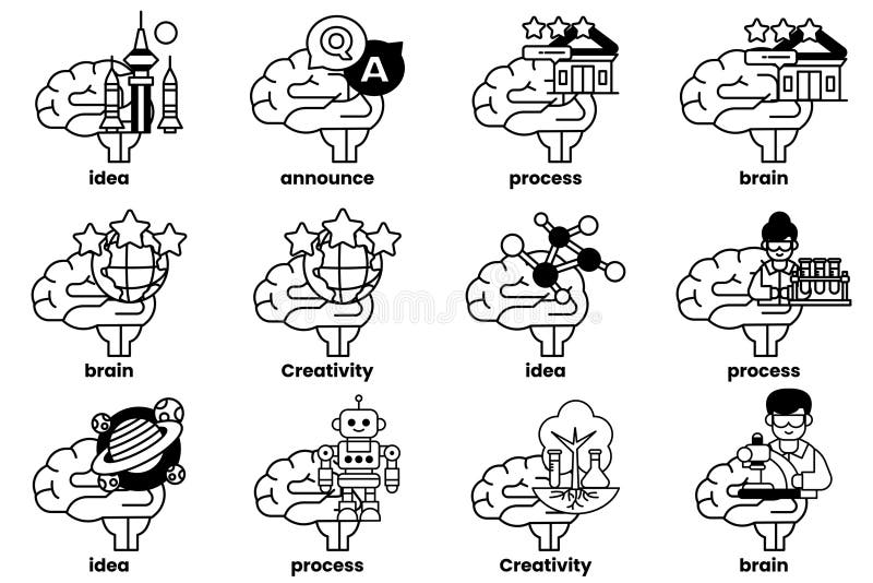 Set of Illustrations in the Concept of Brain and Things in Line Art ...