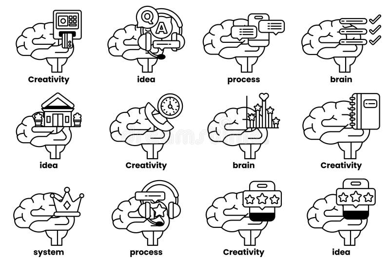 Set of Illustrations in the Concept of Brain and Things in Line Art ...