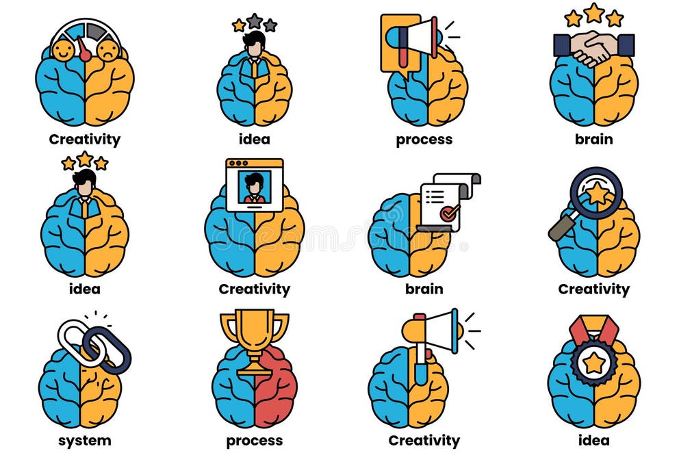 Set of Illustrations in the Concept of Brain and Things in Line Art ...