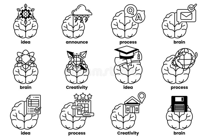 Set of Illustrations in the Concept of Brain and Things in Line Art ...