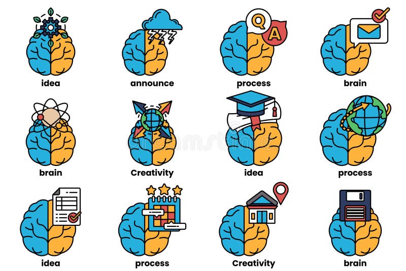 Set of Illustrations in the Concept of Brain and Things in Line Art ...