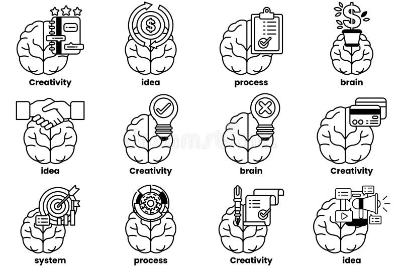 Set of Illustrations in the Concept of Brain and Things in Line Art ...