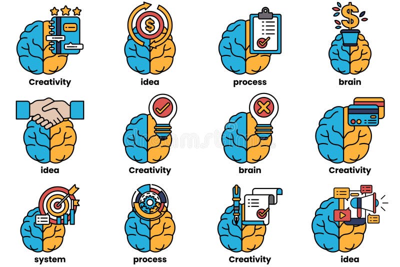 Set of Illustrations in the Concept of Brain and Things in Line Art ...