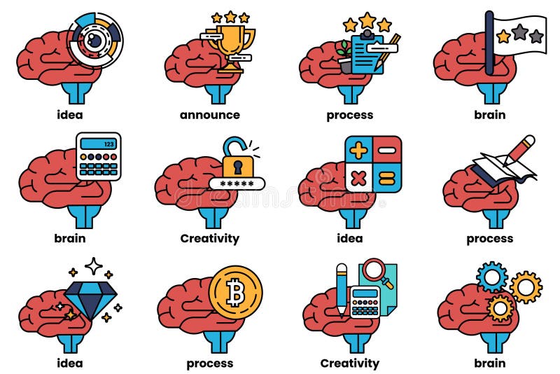 Set of Illustrations in the Concept of Brain and Things in Line Art ...