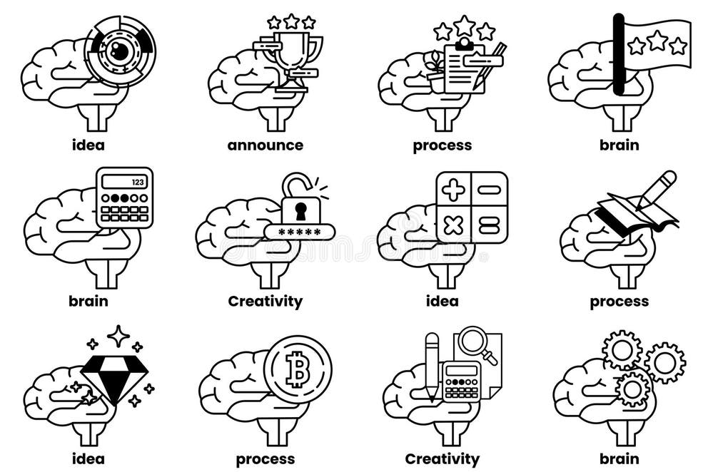 Set of Illustrations in the Concept of Brain and Things in Line Art ...