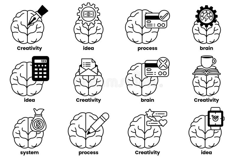 Set of Illustrations in the Concept of Brain and Things in Line Art ...