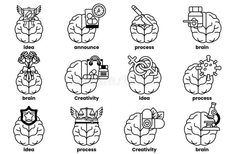 Set of Illustrations in the Concept of Brain and Things in Line Art ...