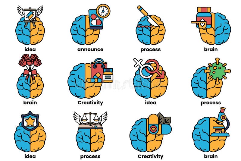 Set of Illustrations in the Concept of Brain and Things in Line Art ...