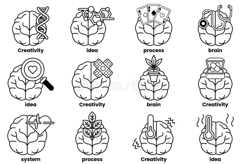 Set of Illustrations in the Concept of Brain and Things in Line Art ...