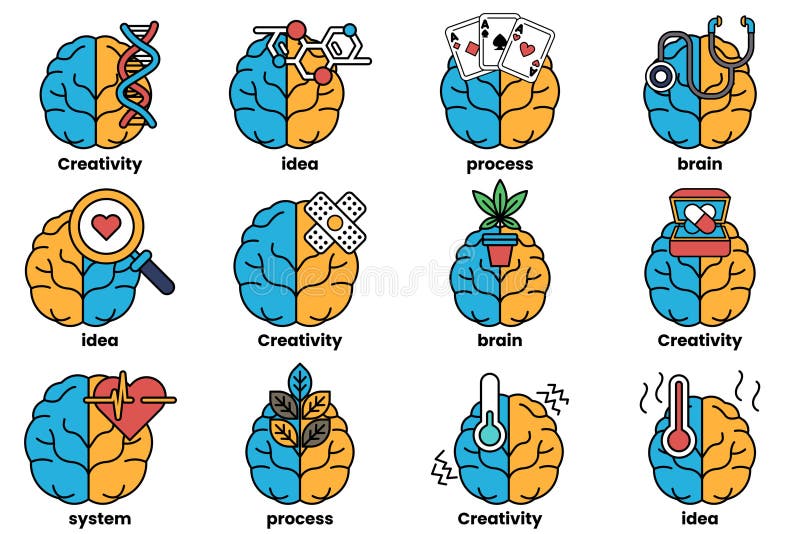 Set of Illustrations in the Concept of Brain and Things in Line Art ...