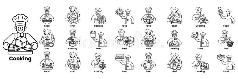 Set of Illustrations in the Concept of Chef and Food in Line Art Style ...