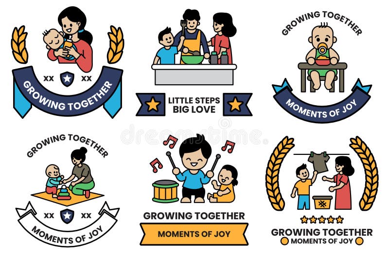 Set of Illustrations in the Concept of Children and Family in a Line ...