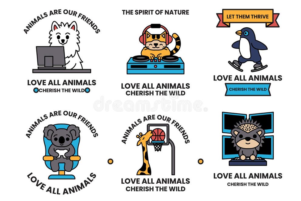 Set of Illustrations in the Concept of Cute Animals in a Line Drawing ...