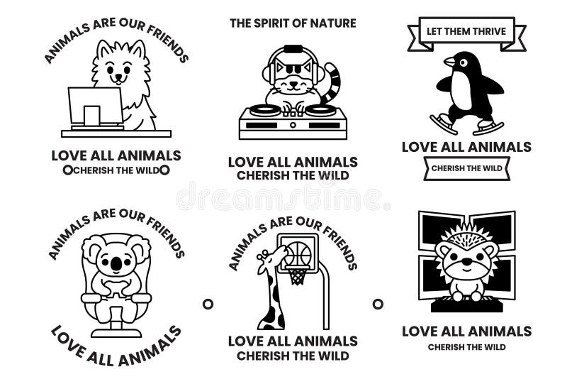 Set of Illustrations in the Concept of Cute Animals in a Line Drawing ...