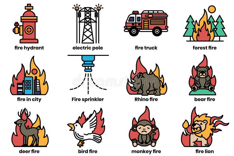 Set of Illustrations in the Concept of Forest Fire and Fire in Line Art ...
