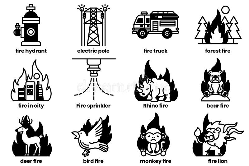 Set of Illustrations in the Concept of Forest Fire and Fire in Line Art ...