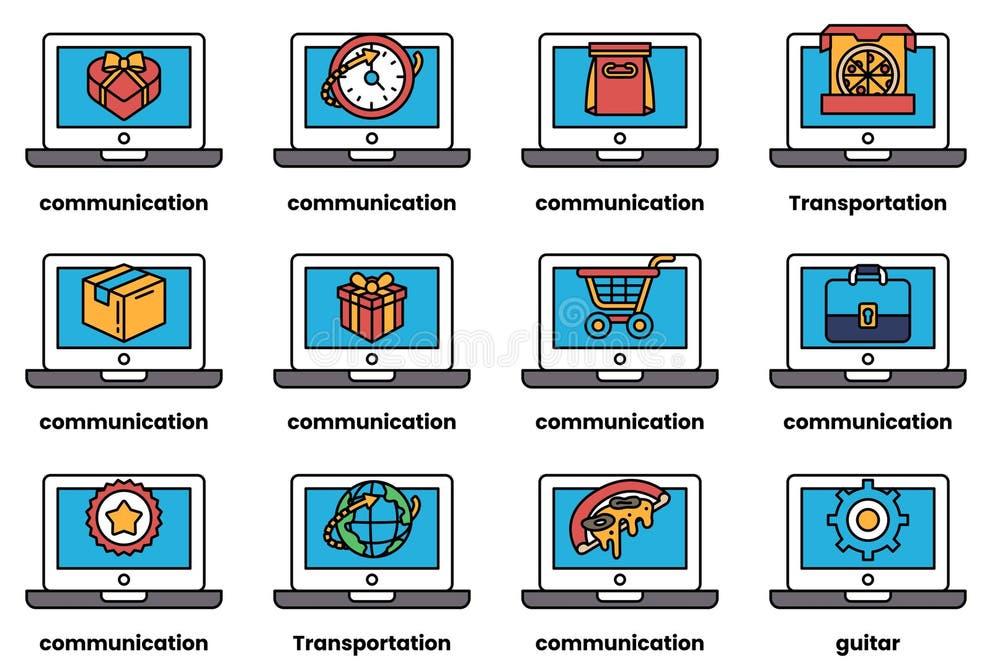 Set of Illustrations in the Concept of Laptops and Things in Line Art ...