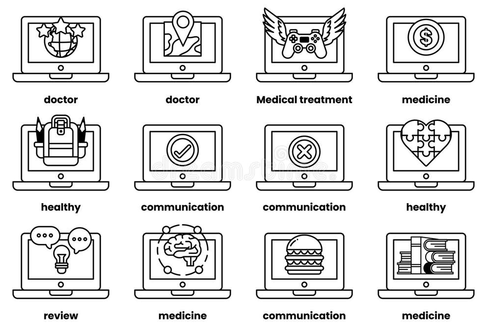 Set of Illustrations in the Concept of Laptops and Things in Line Art ...