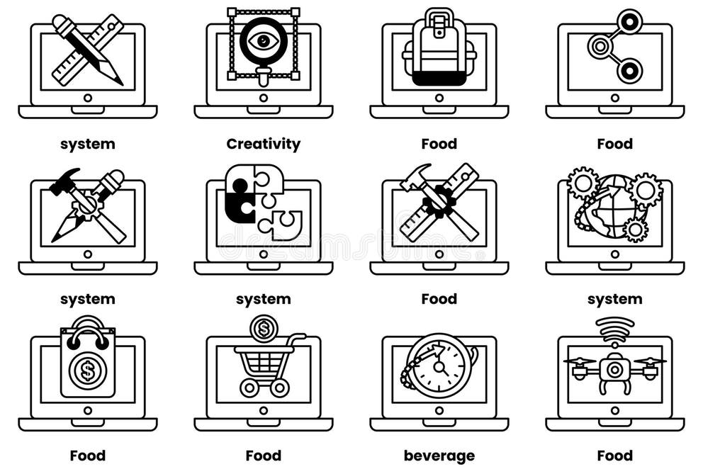 Set of Illustrations in the Concept of Laptops and Things in Line Art ...