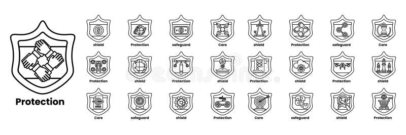 Set of Illustrations in the Concept of Shields and Things in Line Art ...