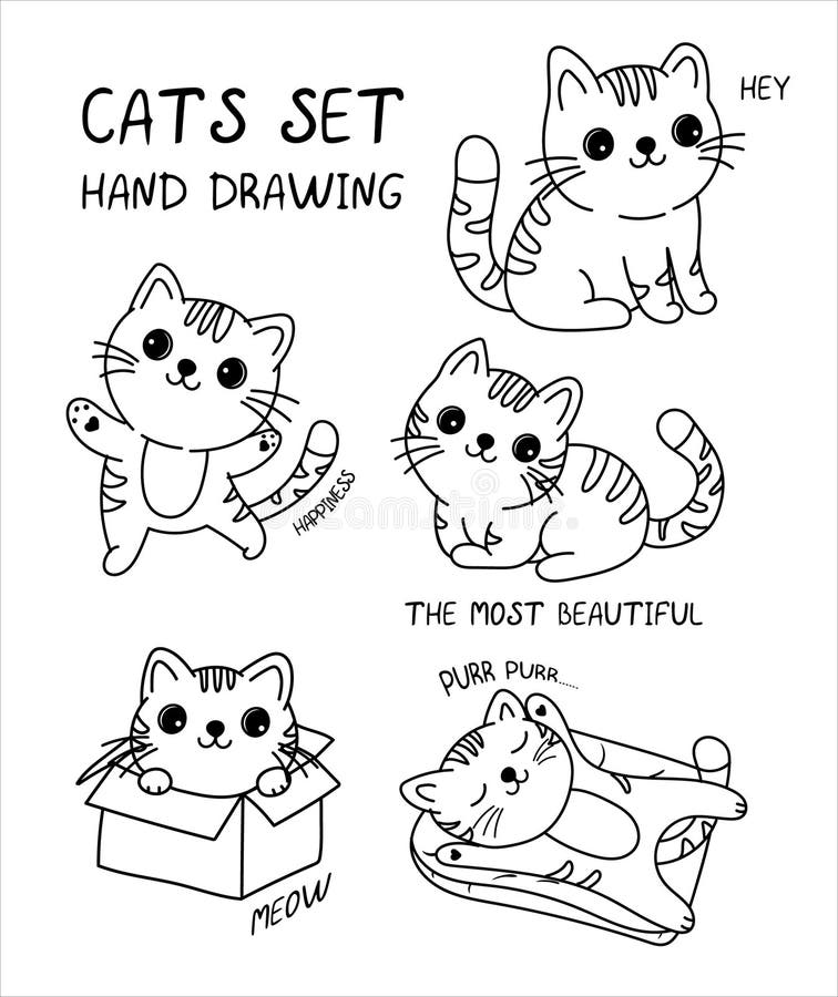 Set of Illustrations of Cute Cats in Doodle Style, Hand-drawn Stock ...
