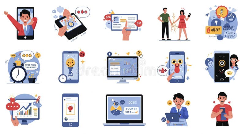 A Set of Illustrations Featuring Digital Interactions. Images Include Cartoon Characters Stock ...