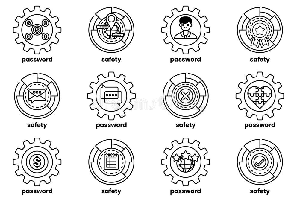Set of Illustrations of Gears and Keys in Line Art Style Stock Vector ...
