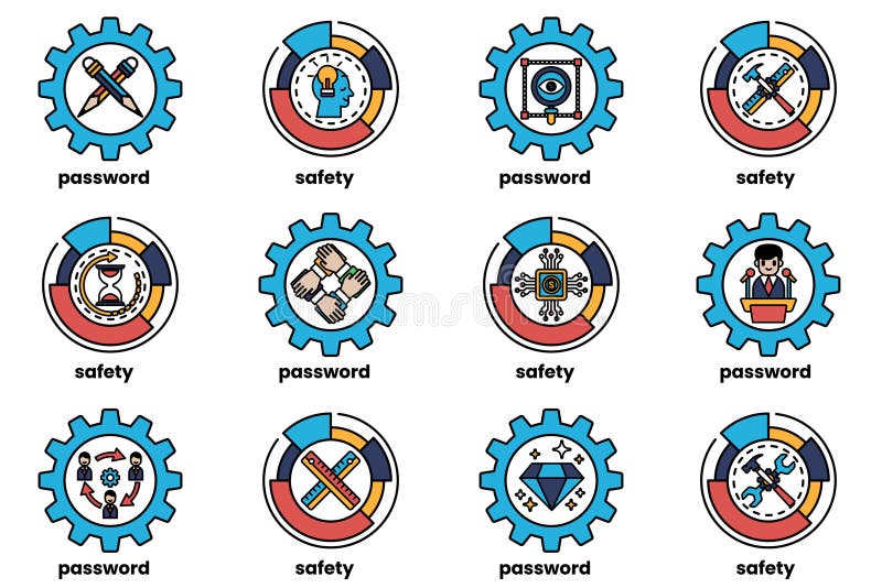Set of Illustrations of Gears and Keys in Line Art Style Stock Vector ...