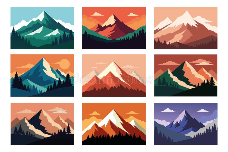 A Set of Illustrations of Mountain Landscapes. Design Element for ...