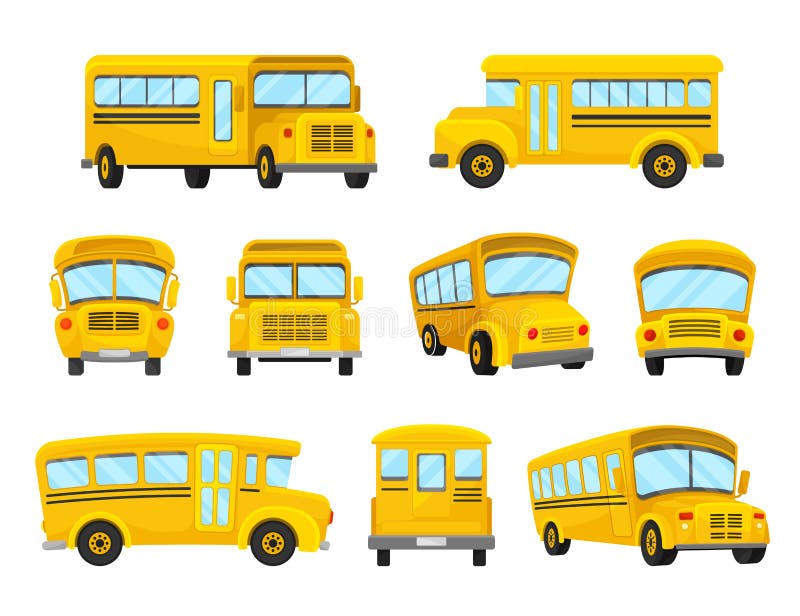 The Set of Illustrations of Nine Yellow School Buses in Different ...