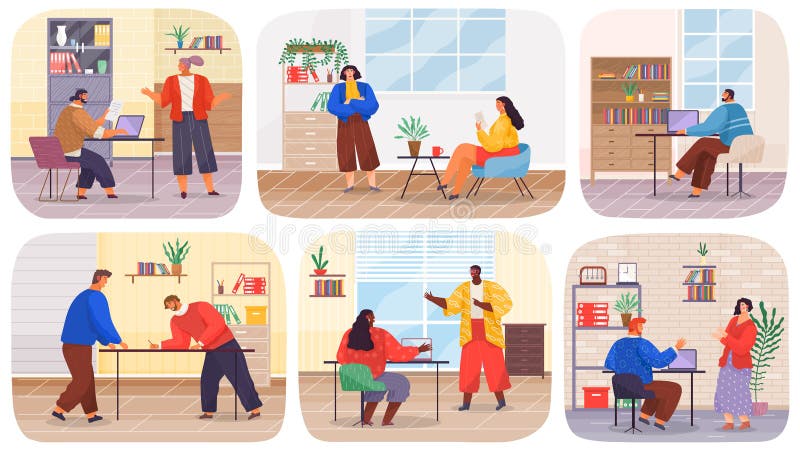 Set of Illustrations about Office Work. Colleagues Communicate at ...