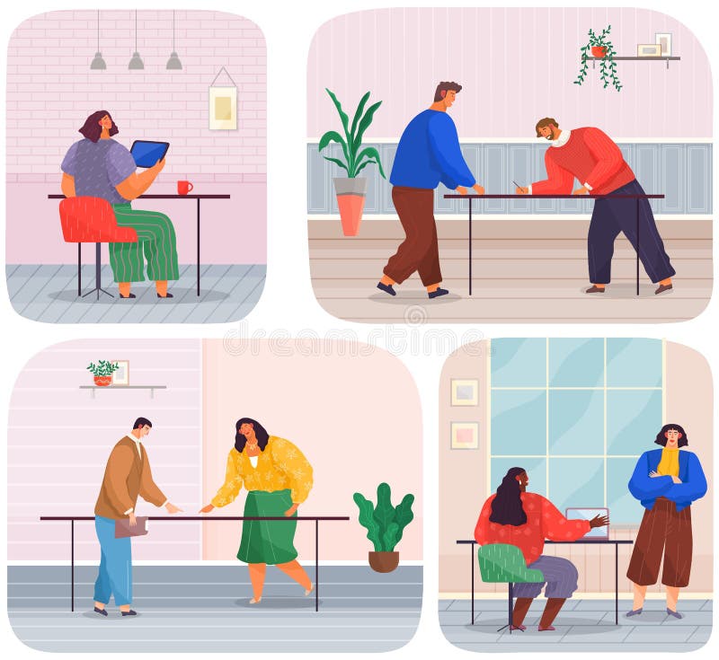 Set of Illustrations about Office Work. People Communicating, Having ...