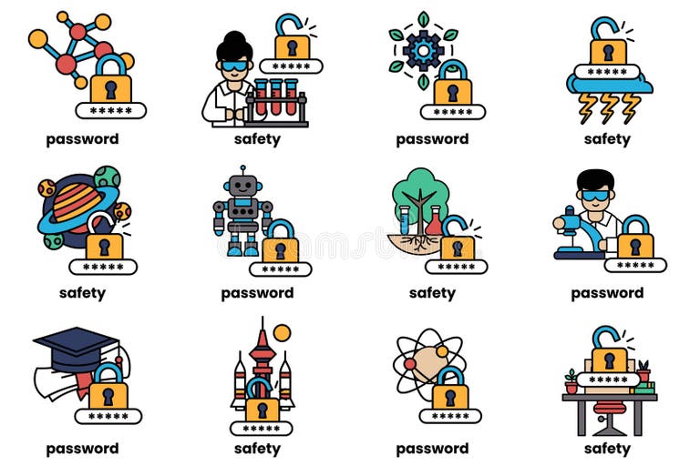 Set of Illustrations of Password Keys and Stuff in Line Art Style Stock ...