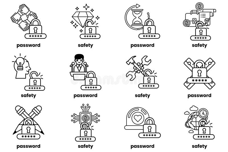 Set of Illustrations of Password Keys and Stuff in Line Art Style Stock ...
