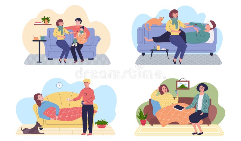 Set of Illustrations about People on Self-isolation and Treatment ...