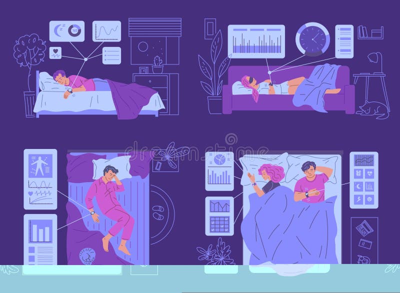 Set of Illustrations with People about Sleep Tracking Flat Style ...