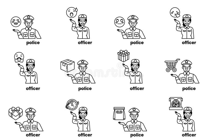 Set of Illustrations of Police and Things in Line Art Style Stock ...