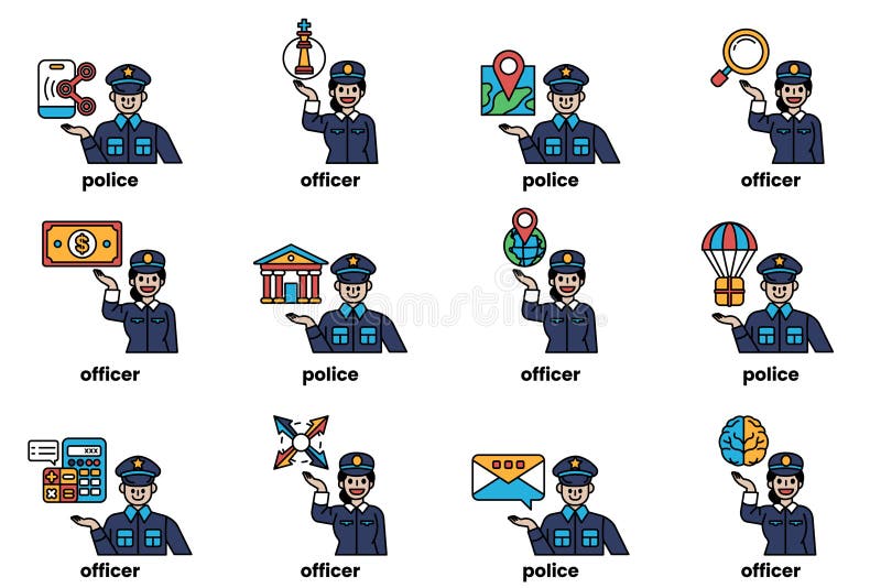 Set of Illustrations of Police and Things in Line Art Style Stock ...