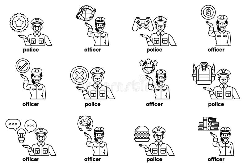 Set of Illustrations of Police and Things in Line Art Style Stock ...